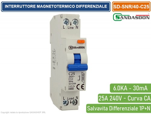 Gasiashop - SD-SNR/40-C25 - SANDASDON INTERRUTTORE MAGNETOTERMICO DIFFERENZIALE SALVAVITA PER ...